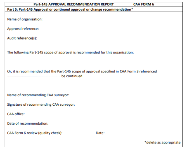 Appendix II to AMC 145.B.20(5) — CAA Form 6
